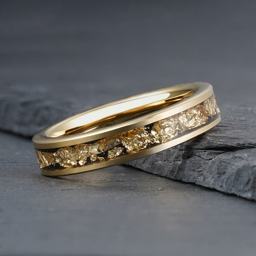 Crushed Gold Leaf Ring, Gold Tungsten Ring, Mens Wedding Band, Womens ...