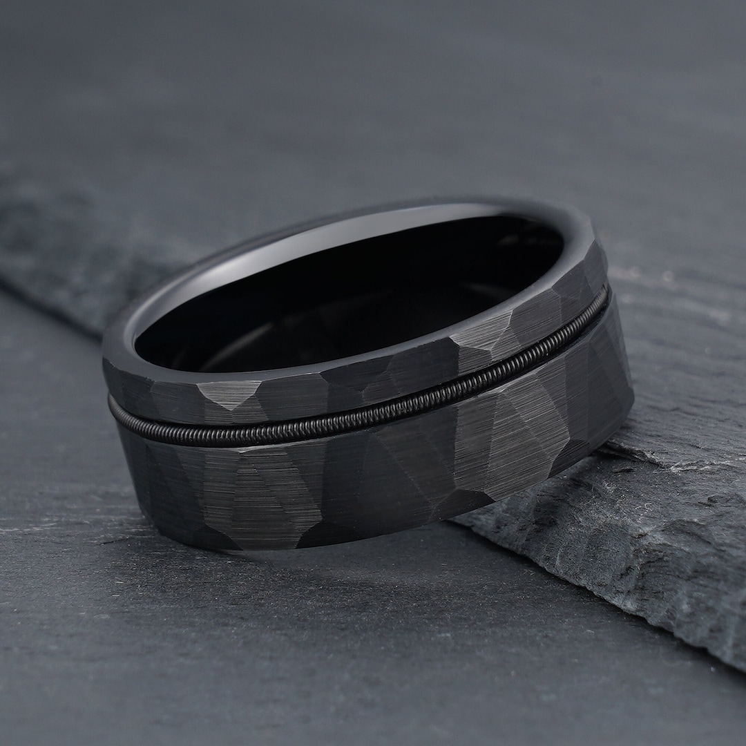 Hammered Guitar String Ring, Black Tungsten Ring, Hammered Wedding Band ...