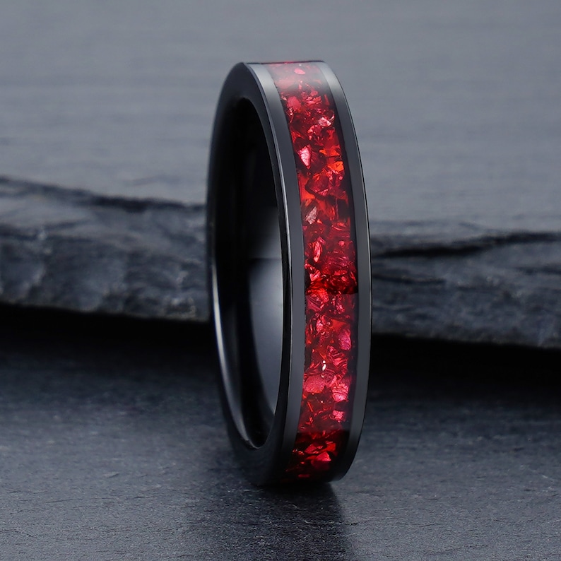 Red Ruby Ring, Black Tungsten Ring, Mens Wedding Ring, Womens Wedding ...