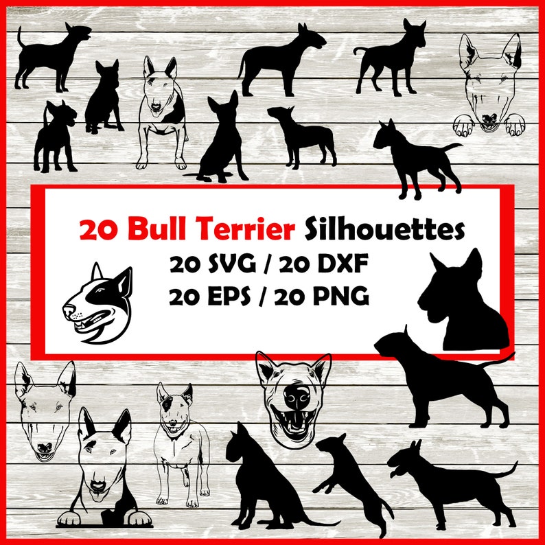 Bull Terrier Dog Silhouette Pack 20 Designs Digital - Etsy