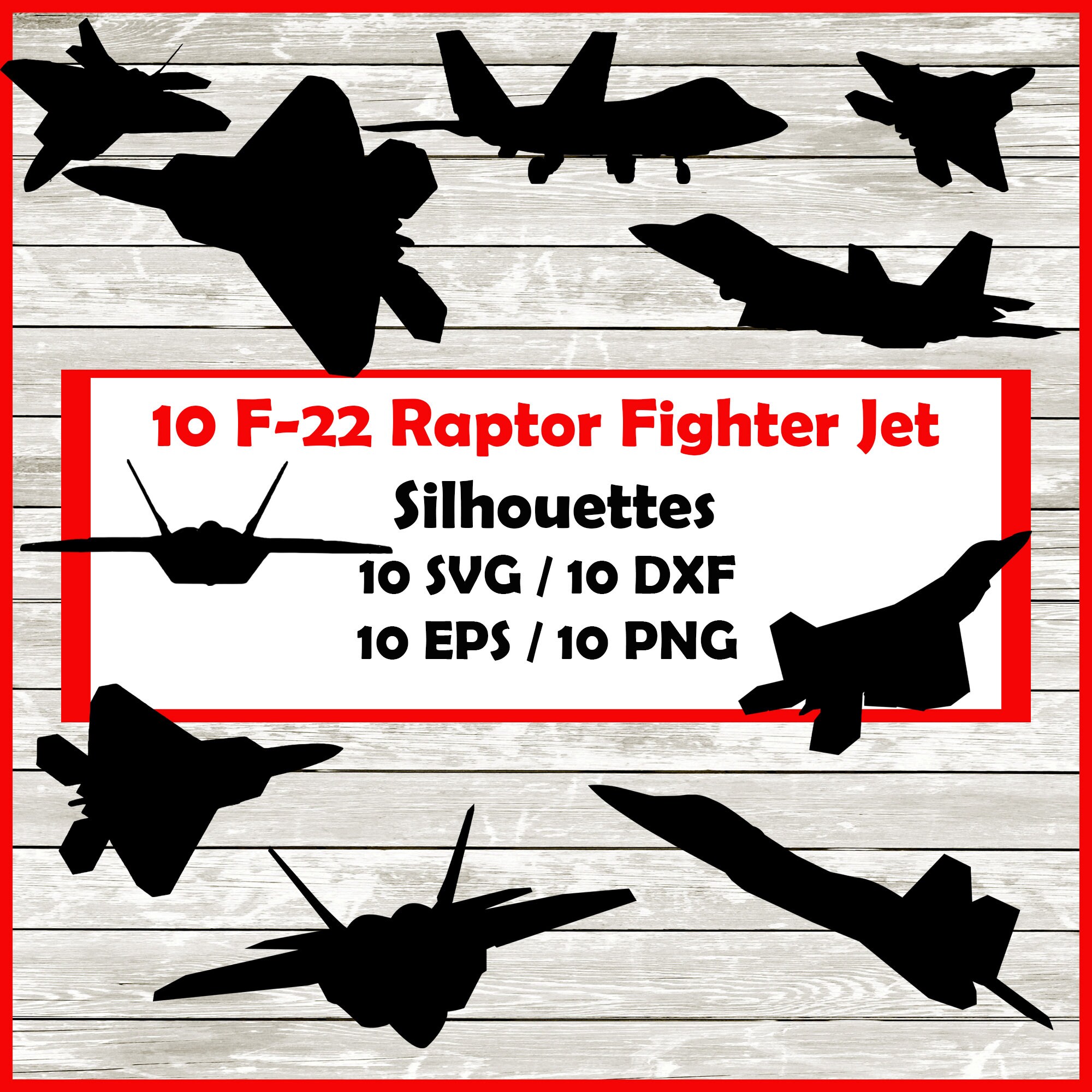 F-22 Raptor Silhouette Pack 10 Fighter Jet Designs Digital Download 10 ...