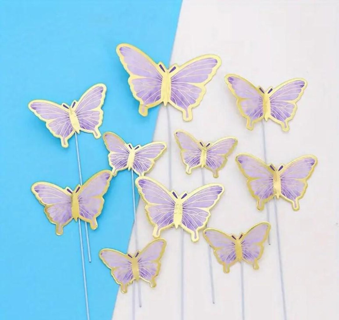 10pcs Purple Gold Butterfly Cake Topper Set With Wire Sticks and Glue ...
