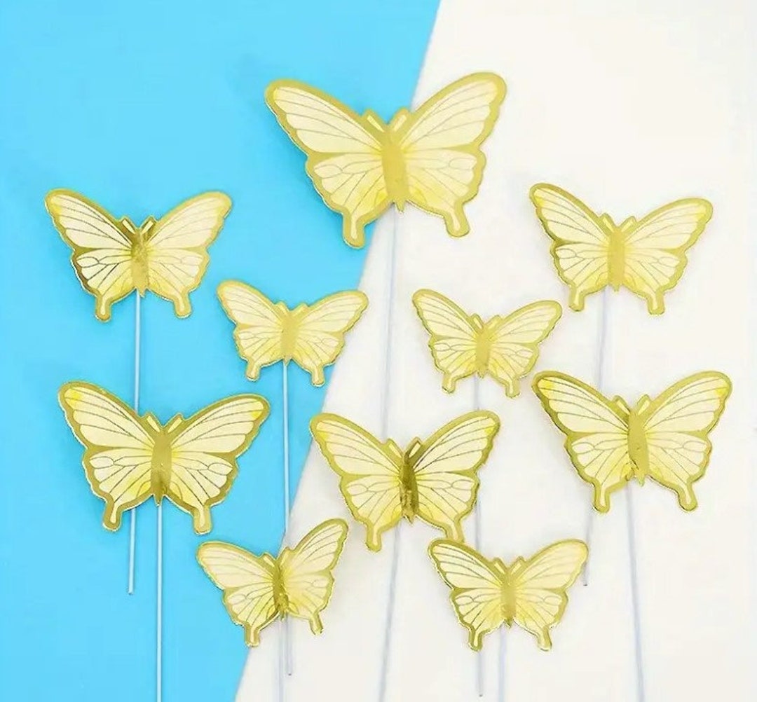 10pcs Yellow Butterfly Cake Topper Set With Wire Sticks and Glue Dots ...