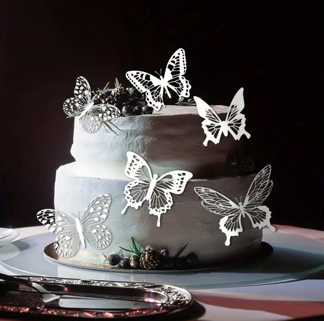 6pcs White Gloss Butterfly Cake Topper Set With Wire Sticks and Glue ...