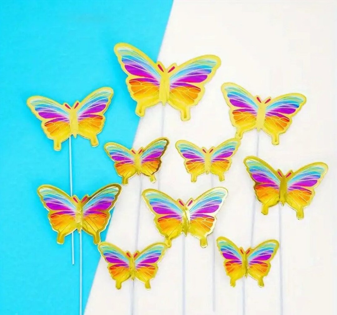 10pcs Multi Colour Butterfly Cake Topper Set With Wire Sticks and Glue ...