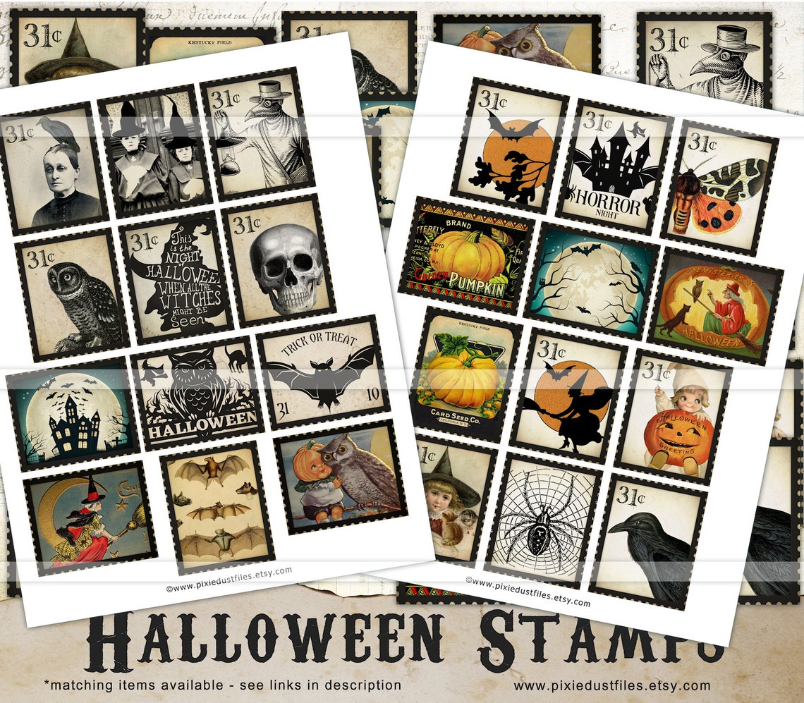 Halloween Printable Faux Postage Stamps, Junk Journal Digital Kit ...