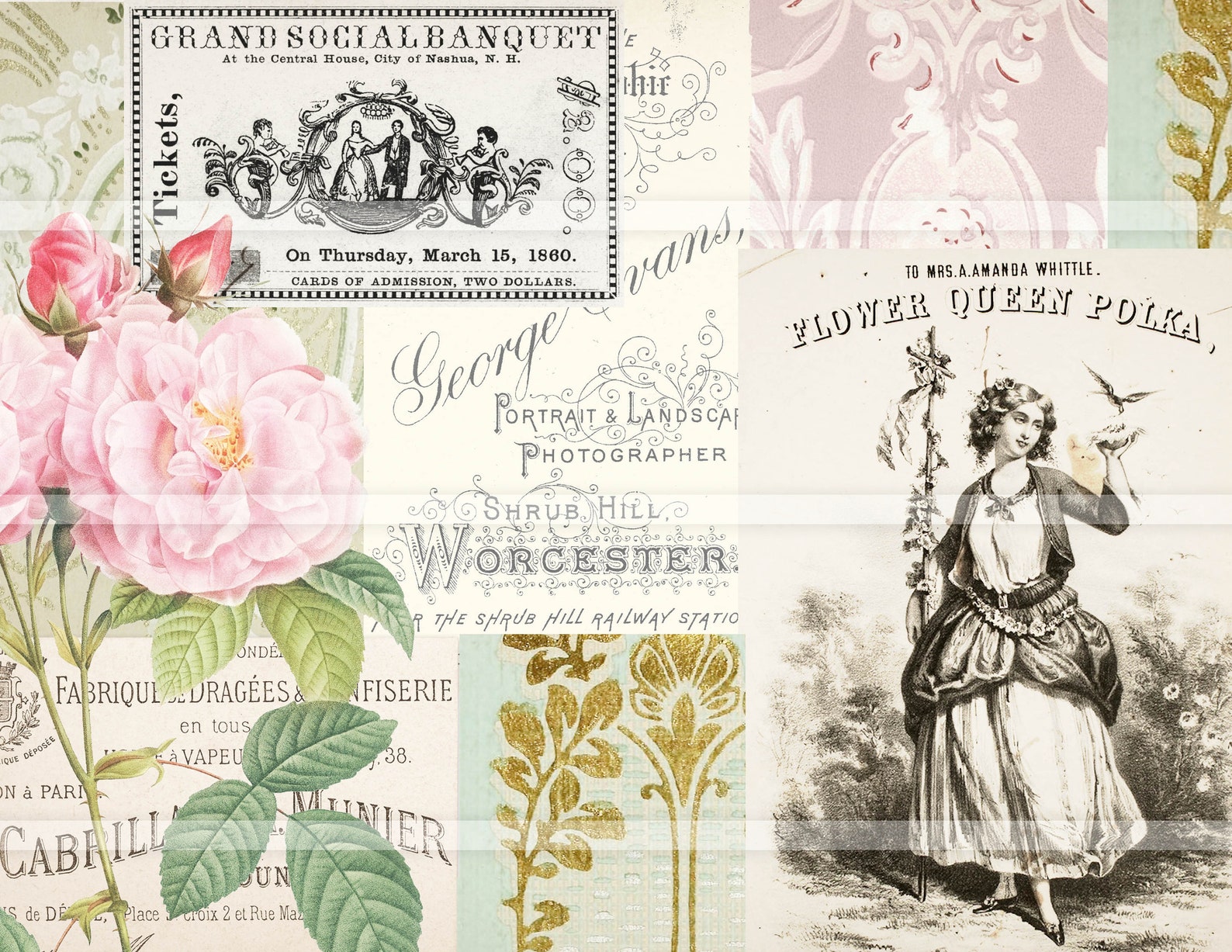 Printable Vintage Wallpaper, Junk Journal Wallpapers, Shabby Chic Rose ...