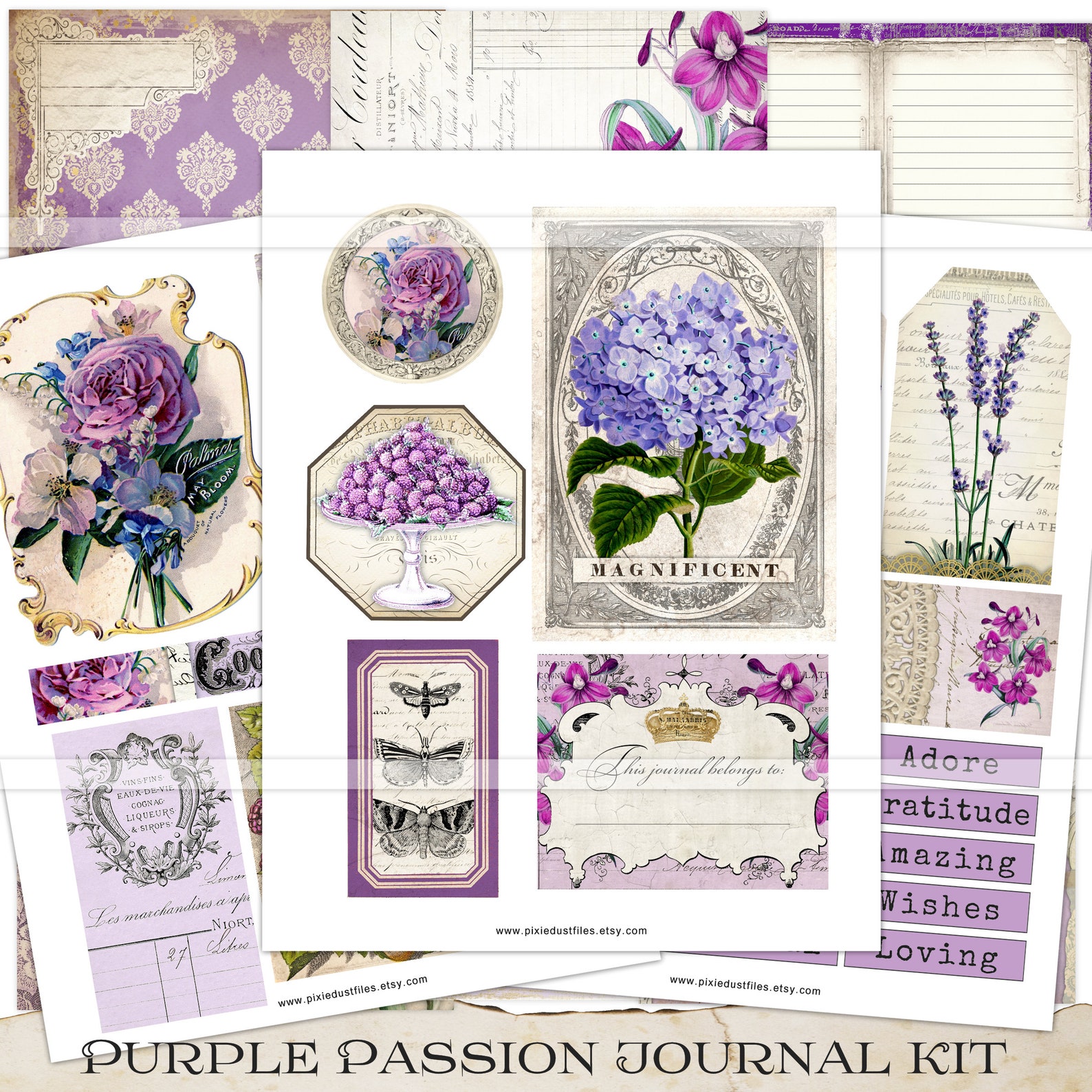 Purple Junk Journal Printable Digital Kit, Lines Pages Papers, Purple ...