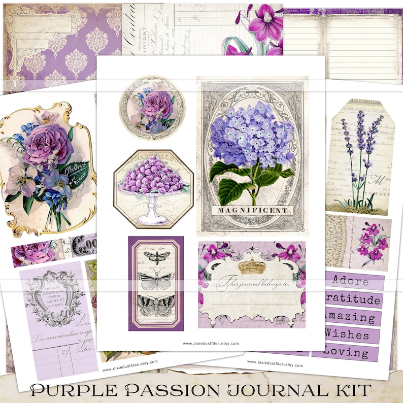 Purple Junk Journal Printable Digital Kit, Lines Pages Papers, Purple ...