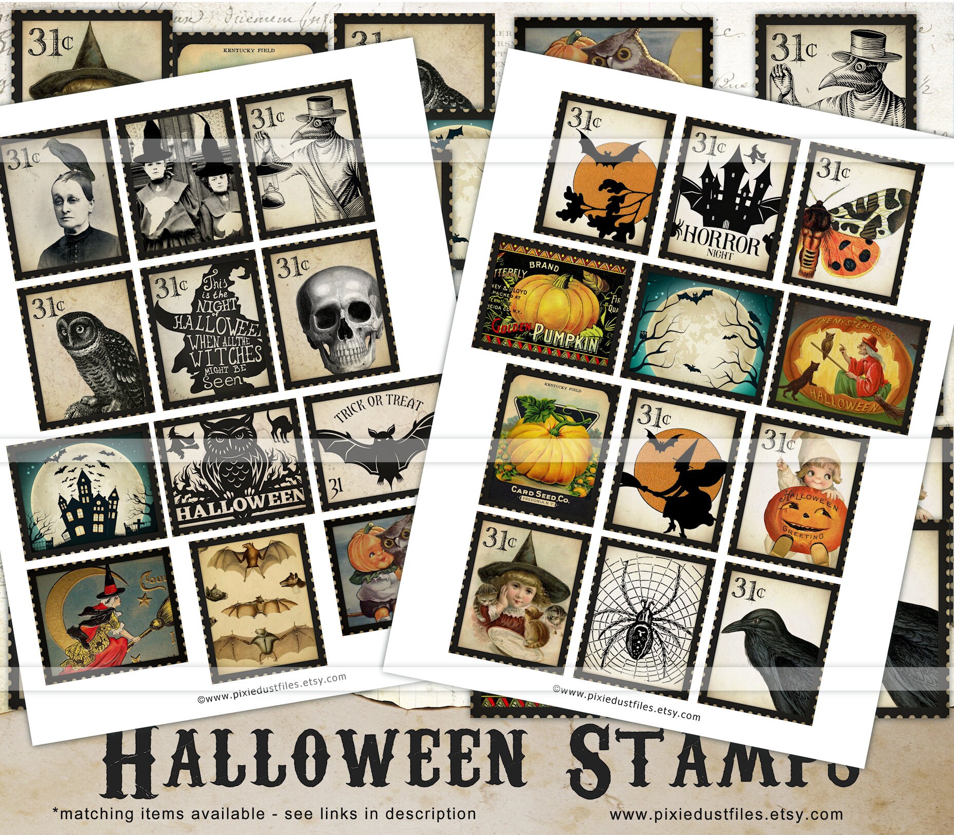 Printable Halloween Stamps, Junk Journal Digital Kit, Vintage Halloween ...