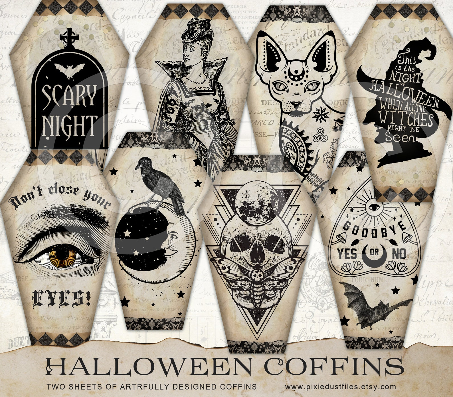 Printable Halloween Coffins Journaling Tags Scrapbooking | Etsy