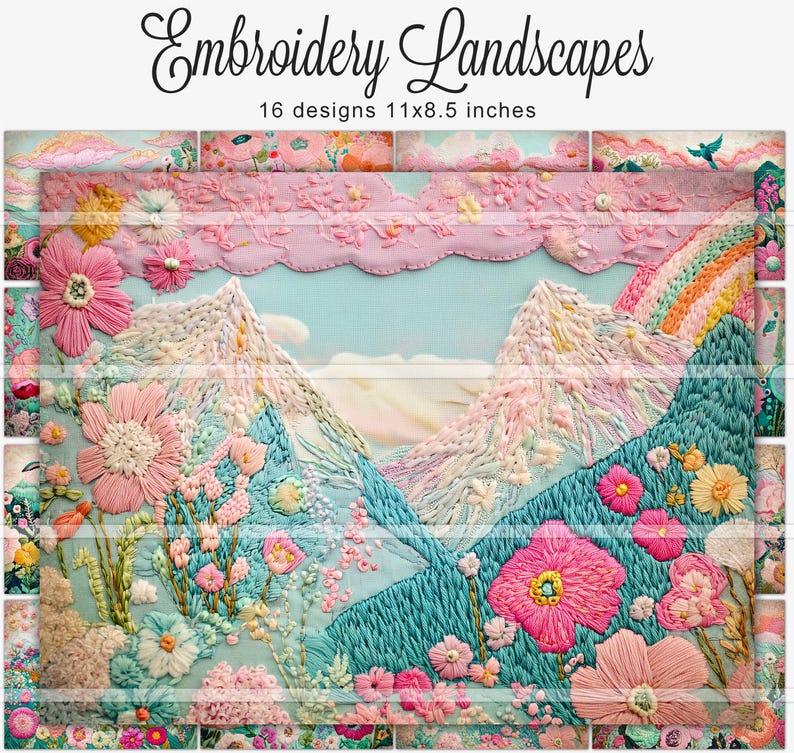 Floral Embroidery Paper, Landscapes, Printable Digital Papers, Junk ...