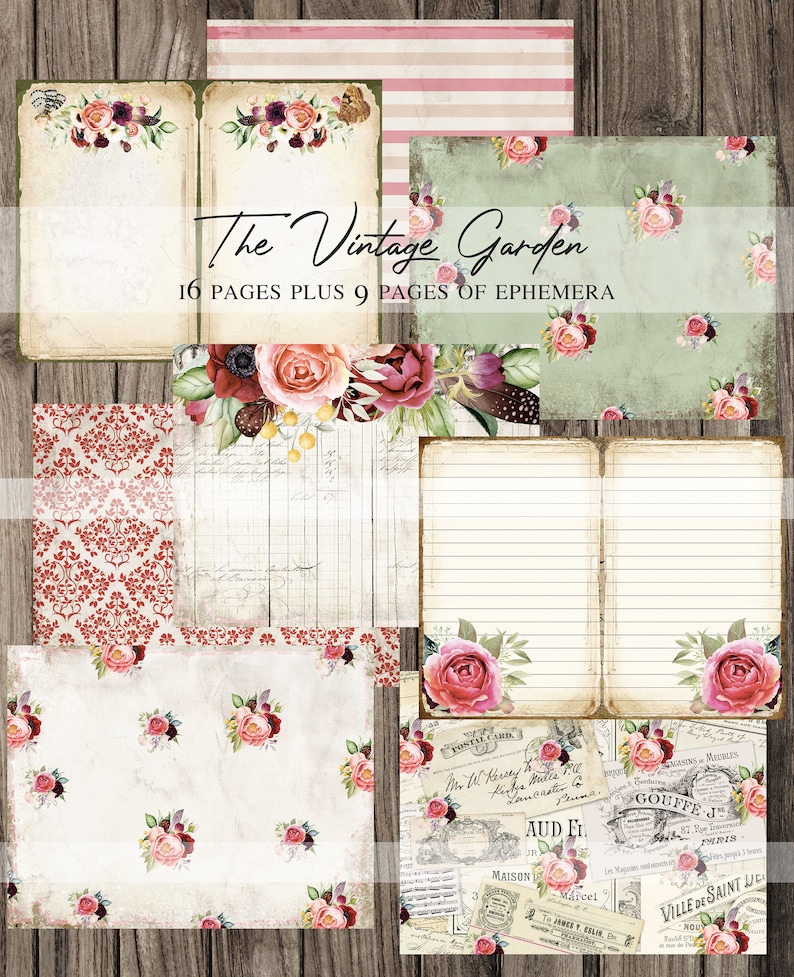 The Vintage Garden Printable Junk Journal Kit, Pages, Pockets, Floral ...