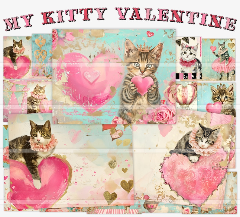 Printable Valentine's Day Junk Journal Kit, Vintage Kitten Clipart ...