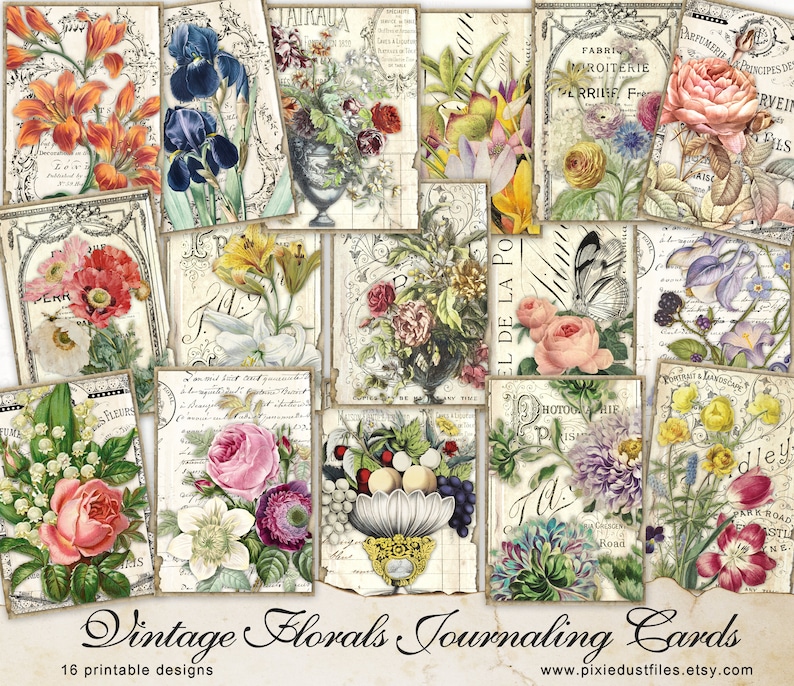 Vintage Floral Junk Journal Cards, Journaling Ephemera, ATC, Digital ...