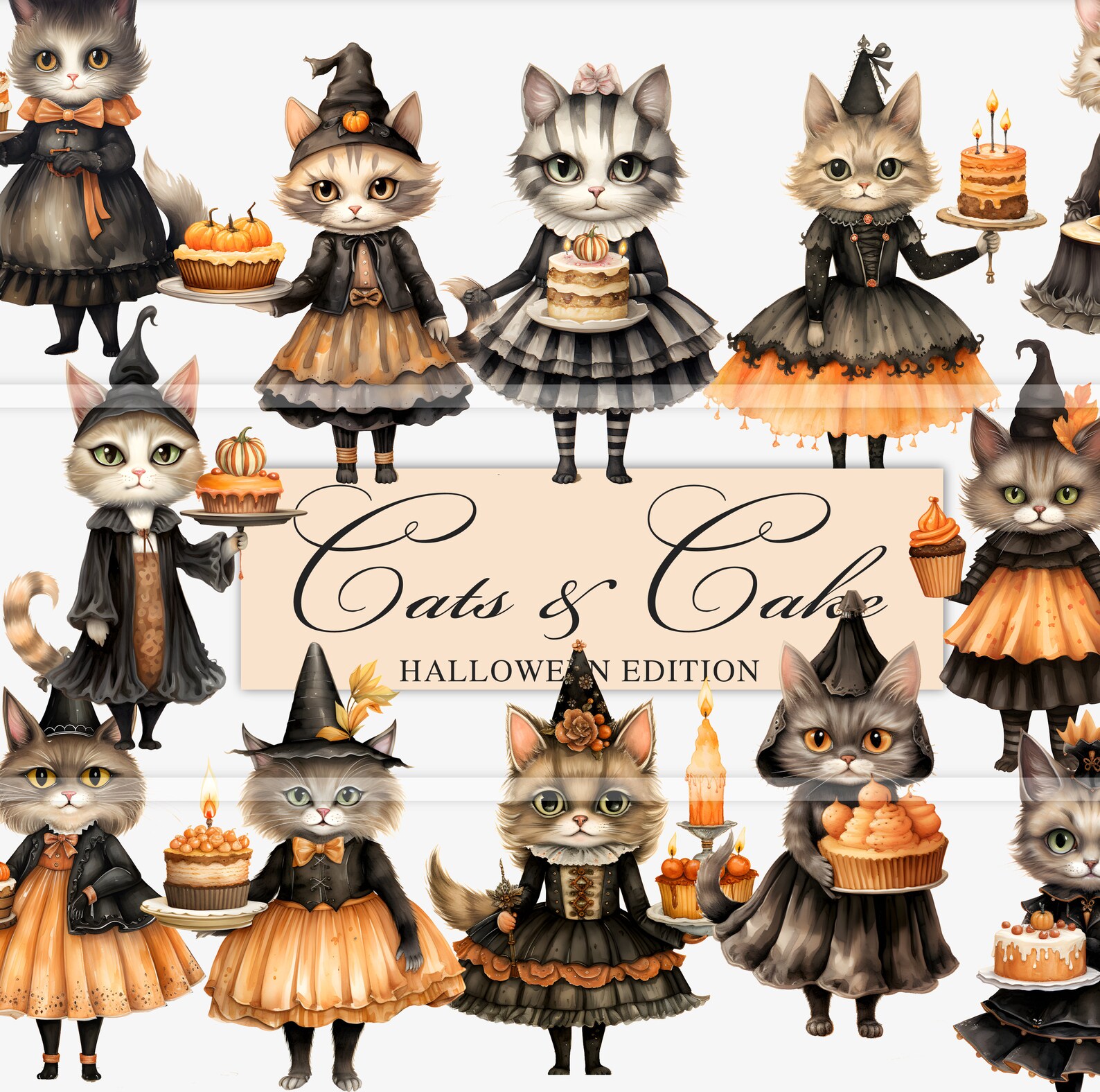 Halloween Cats and Cakes Printable Paper Dolls, Junk Journal Kit ...