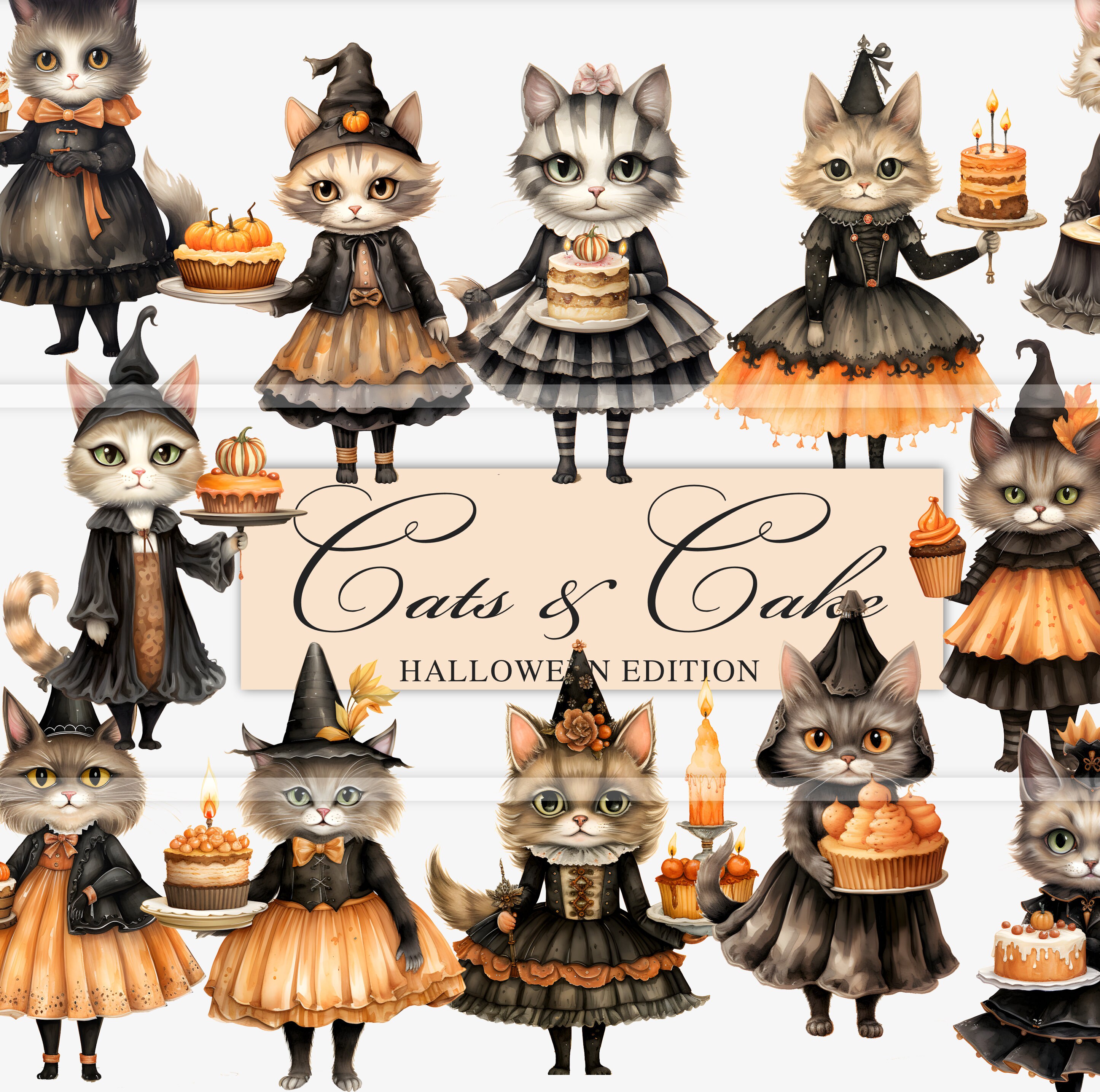 Halloween Cats and Cakes Printable Paper Dolls, Junk Journal Kit ...