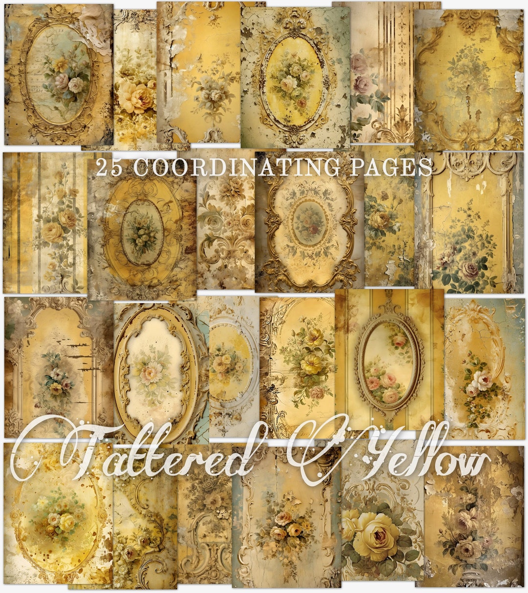 Tattered Yellow Junk Journal Kit, Digital Papers, Green Printable ...