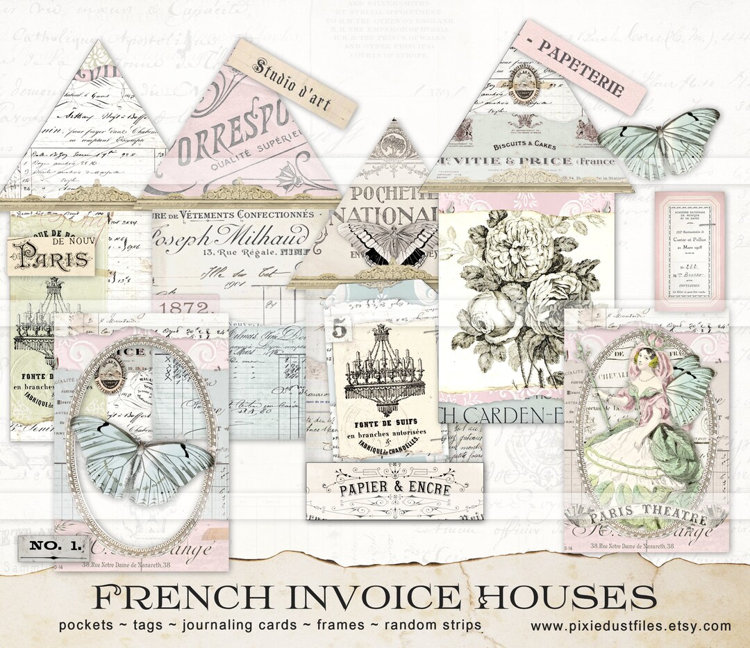 French Invoice Printable Houses, Junk Journal Pockets, Tags, Journaling ...
