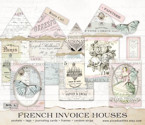 French Invoice Printable Houses Junk Journal Pockets Tags | Etsy