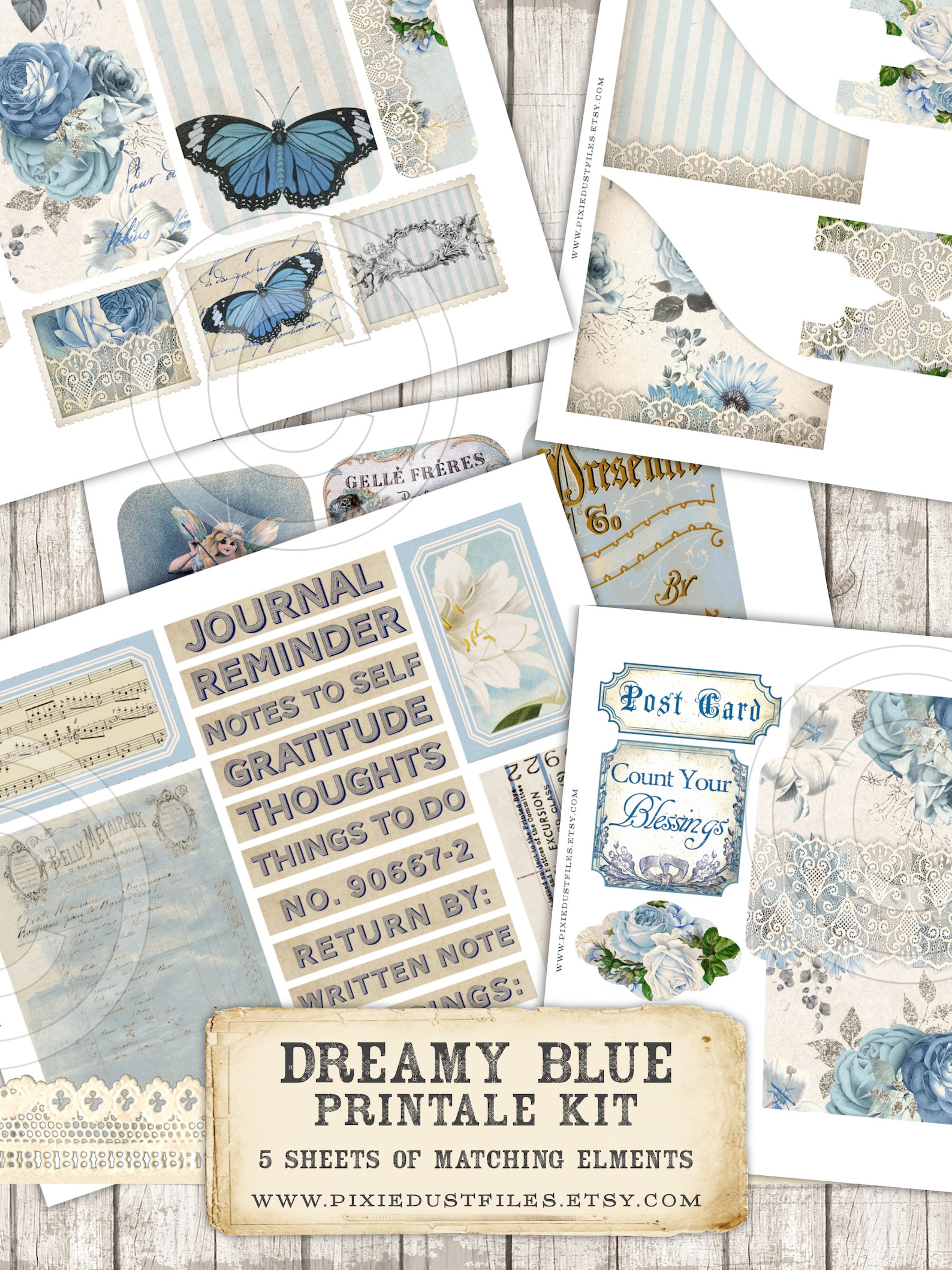 Dreamy BLUE Junk Journal Kit, Printable Journaling Pages, Tags, Pockets ...