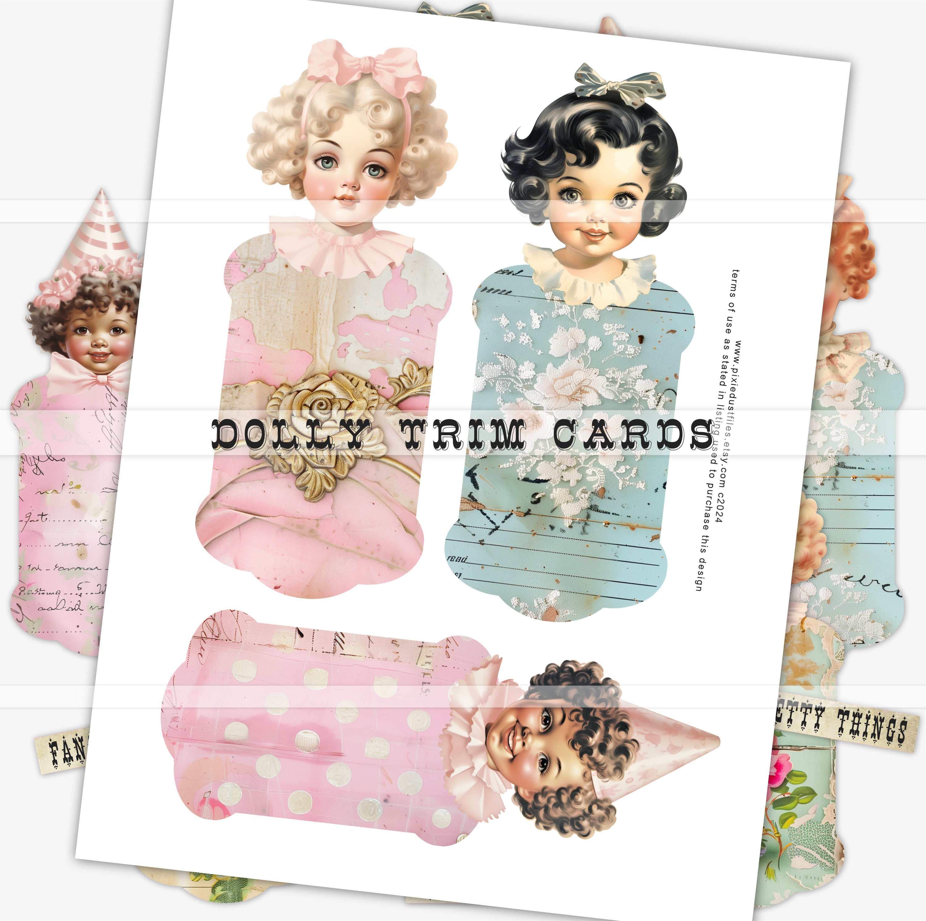Dolly Trim Cards, Printable Ribbon Spool Card, Vintage Paper Doll, Junk ...