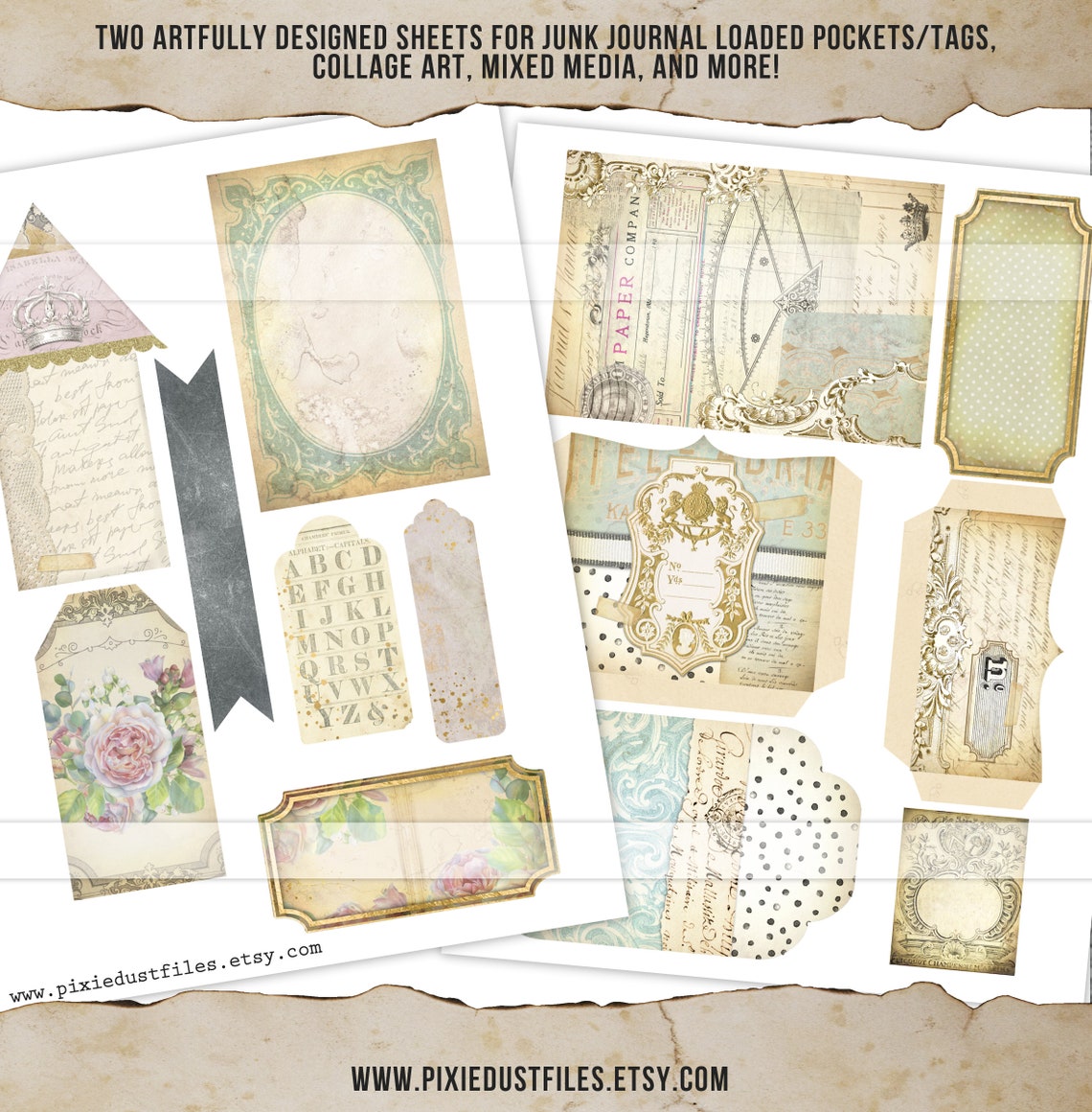 Printable Junk Journal Pockets and Tags, Digital Collage Sheet, Vintage ...