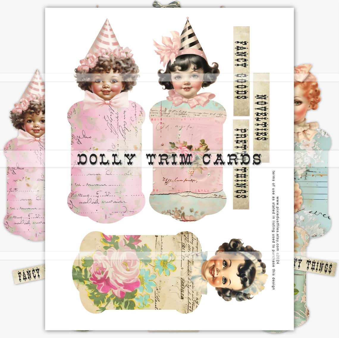 Dolly Trim Cards, Printable Ribbon Spool Card, Vintage Paper Doll, Junk ...