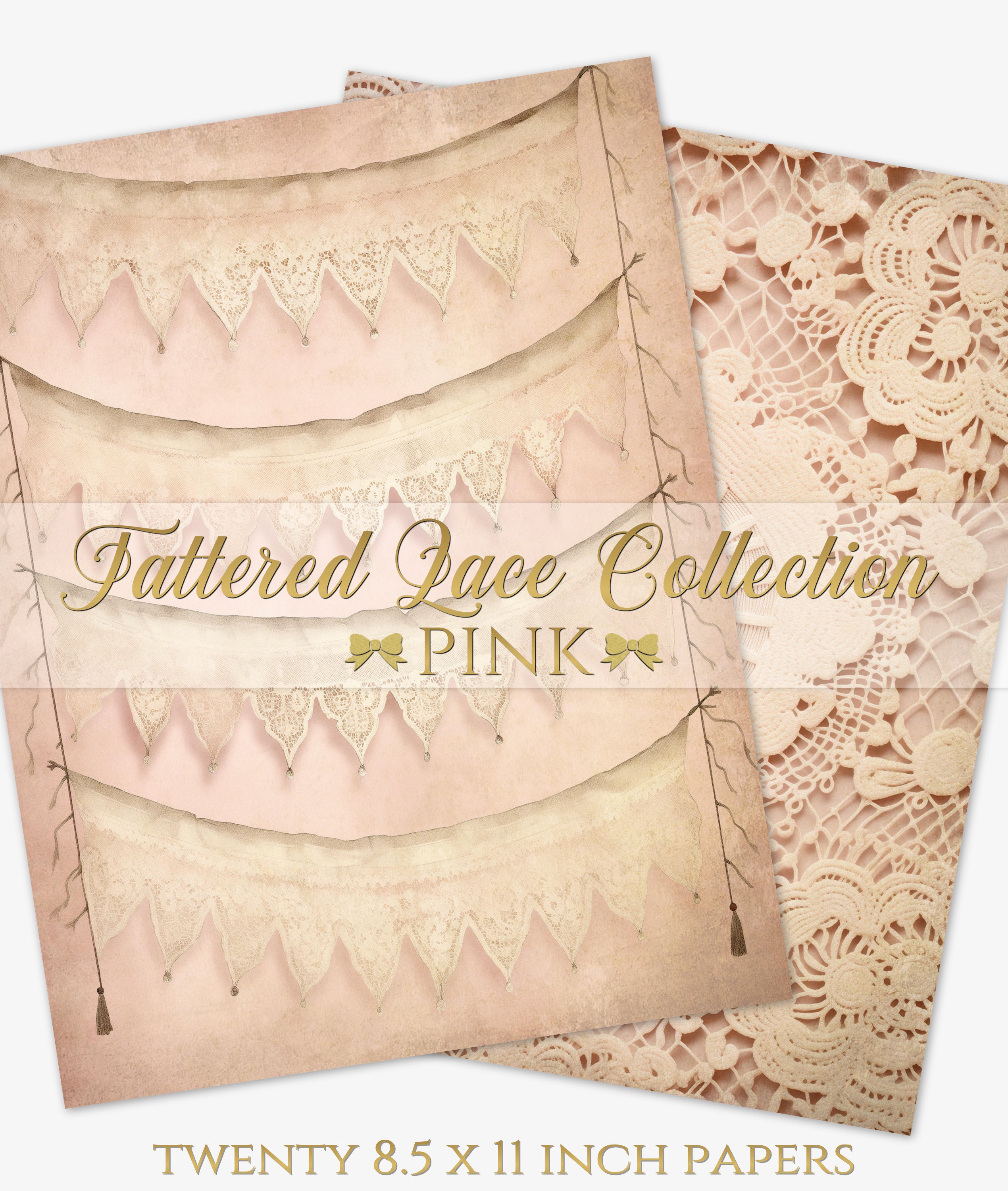 Pink Tattered Lace Printable Paper, Junk Journal Pages, Vintage Lace ...