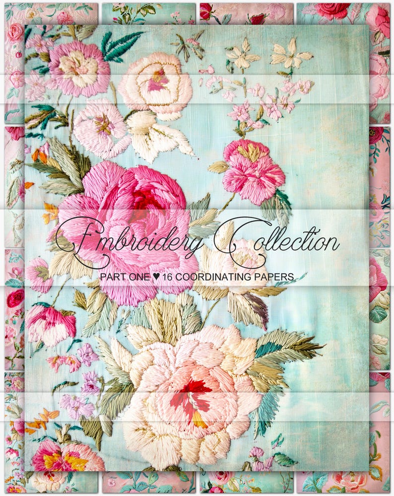 Floral Embroidery, Printable Paper, Embroidered Flowers, Digital Papers ...