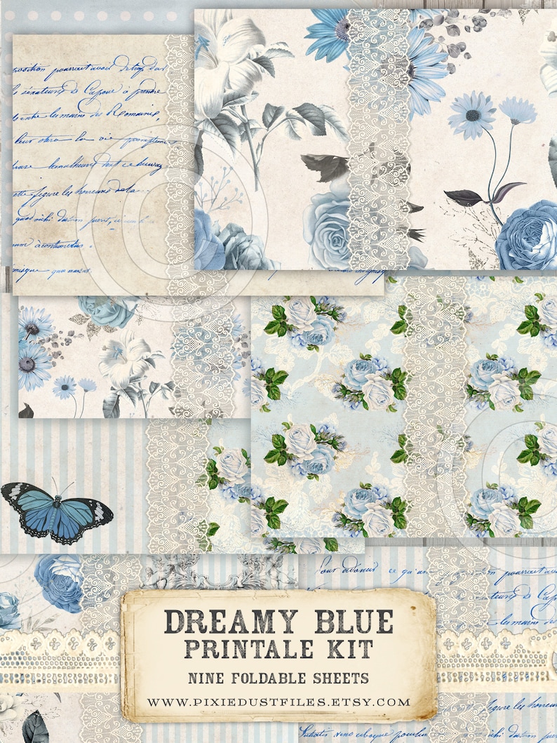 Dreamy BLUE Junk Journal Kit, Printable Journaling Pages, Tags, Pockets ...