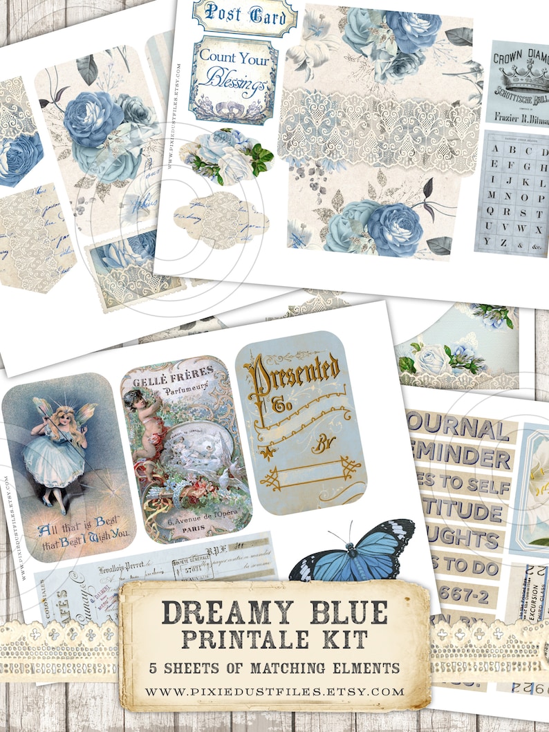 Dreamy BLUE Junk Journal Kit, Printable Journaling Pages, Tags, Pockets ...