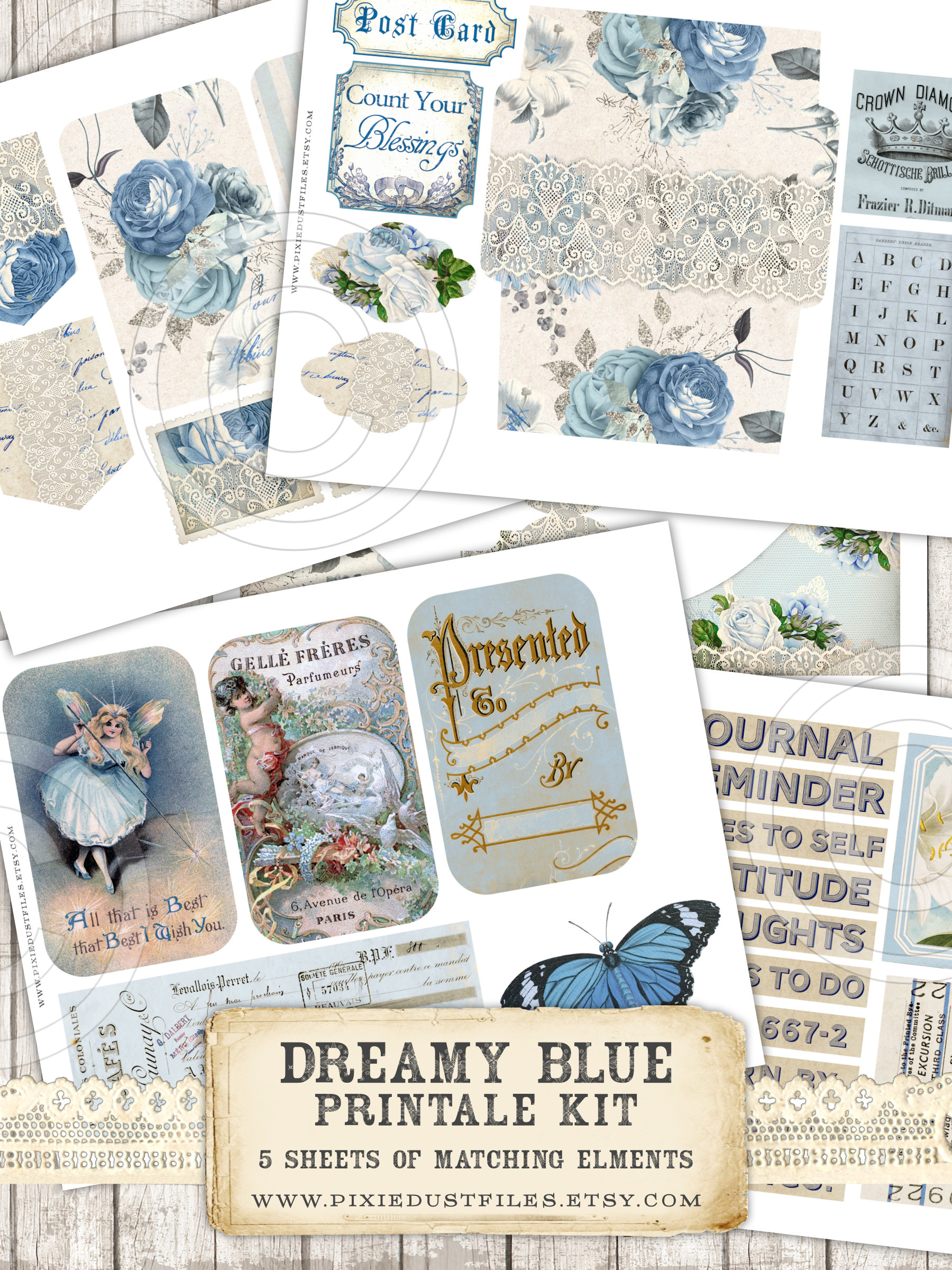Dreamy BLUE Junk Journal Kit, Printable Journaling Pages, Tags, Pockets ...