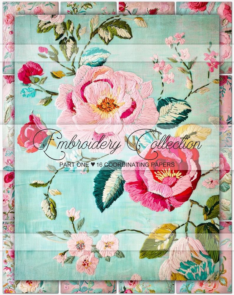 Floral Embroidery, Printable Paper, Embroidered Flowers, Digital Papers ...