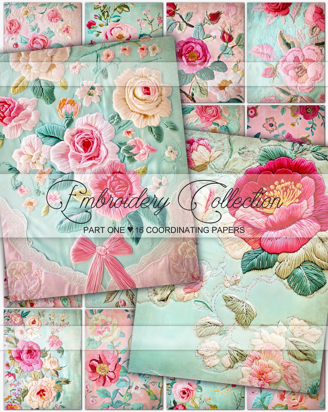Floral Embroidery, Printable Paper, Embroidered Flowers, Digital Papers ...