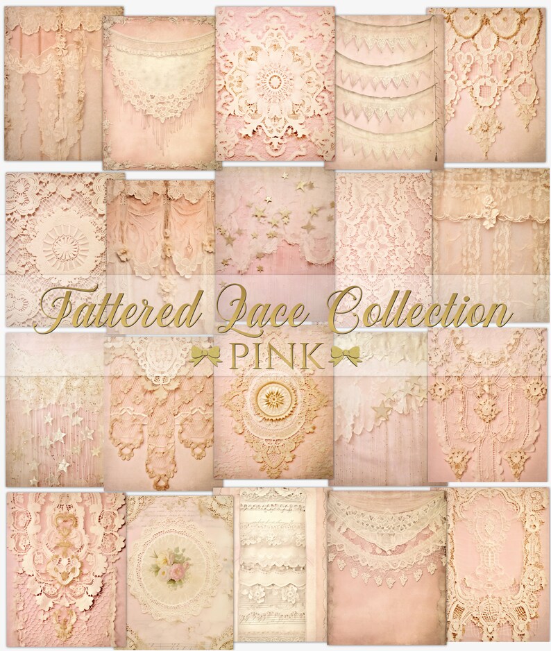 Pink Tattered Lace Printable Paper, Junk Journal Pages, Vintage Lace ...