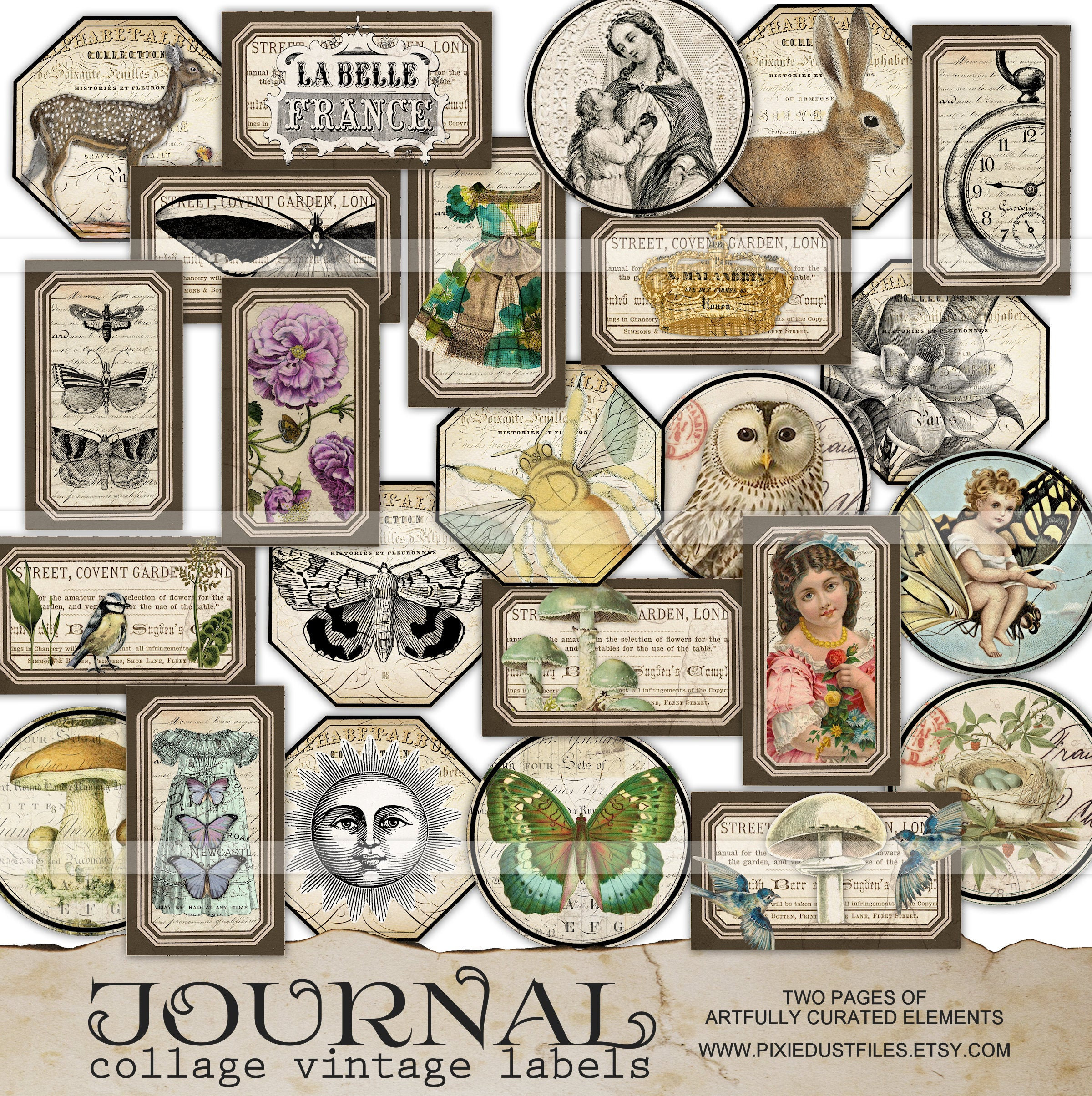 Printable Vintage Labels Junk Journal Words Butterflies - Etsy