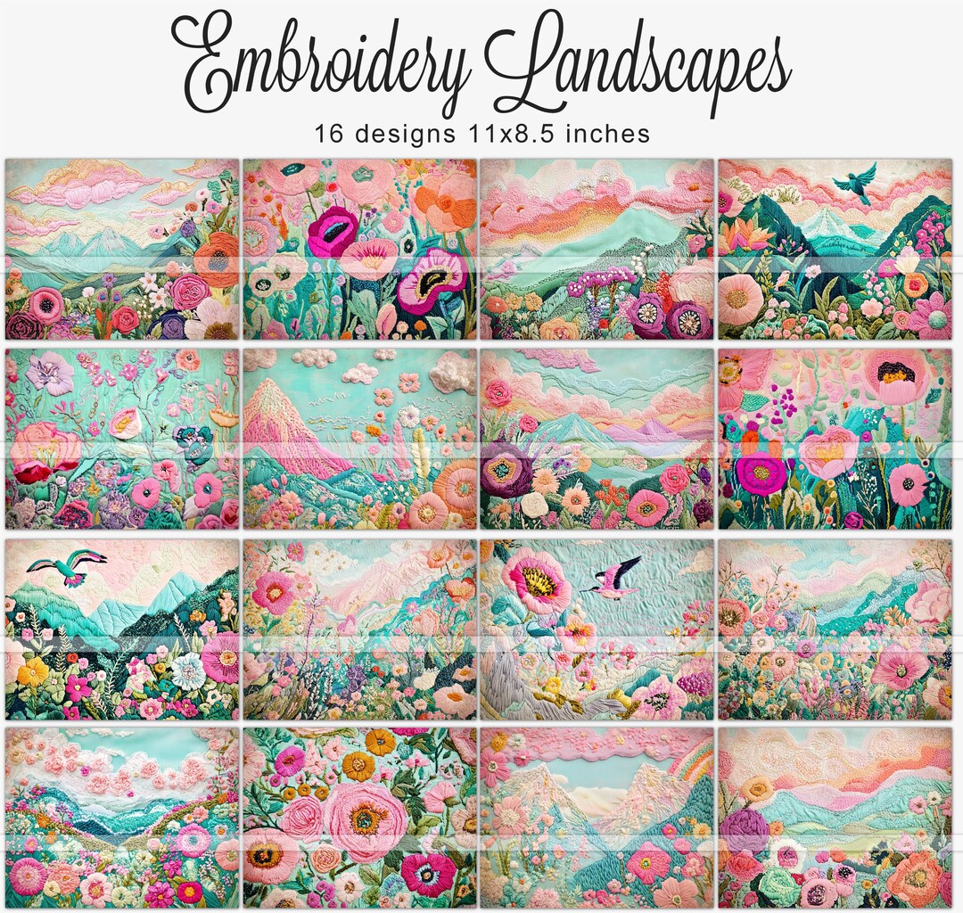 Floral Embroidery Paper, Landscapes, Printable Digital Papers, Junk ...