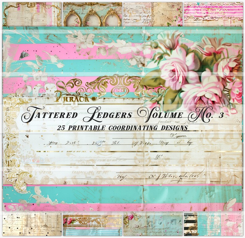 Printable Tattered Antique Ledger Papers, Pink Junk Journal Pages ...
