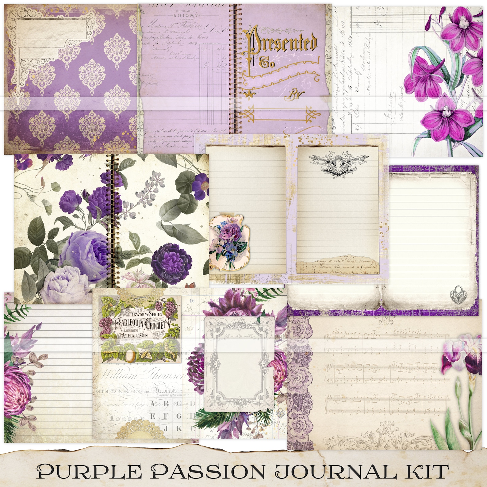 Purple Junk Journal Printable Digital Kit, Lines Pages Papers, Purple ...