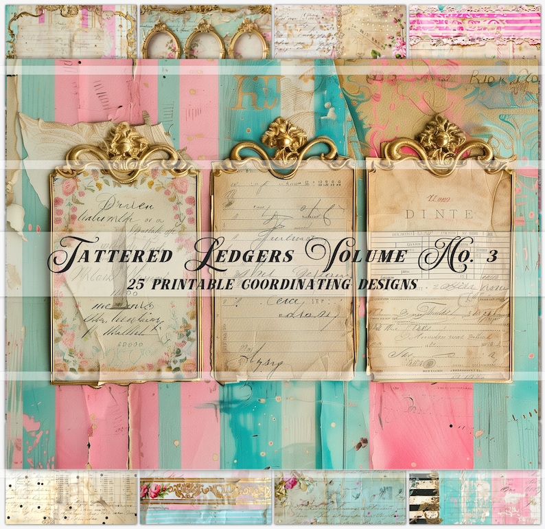 Printable Tattered Antique Ledger Papers, Pink Junk Journal Pages ...