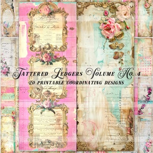 Printable Tattered Antique Ledger Papers, Pink Junk Journal Pages ...