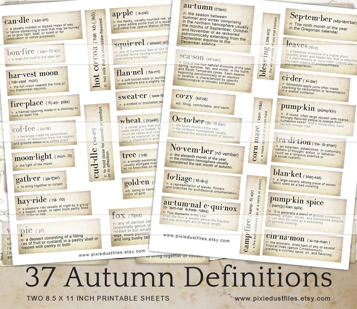 Autumn Dictionary Definitions, Ephemera Words, Junk Journal, Fall ...