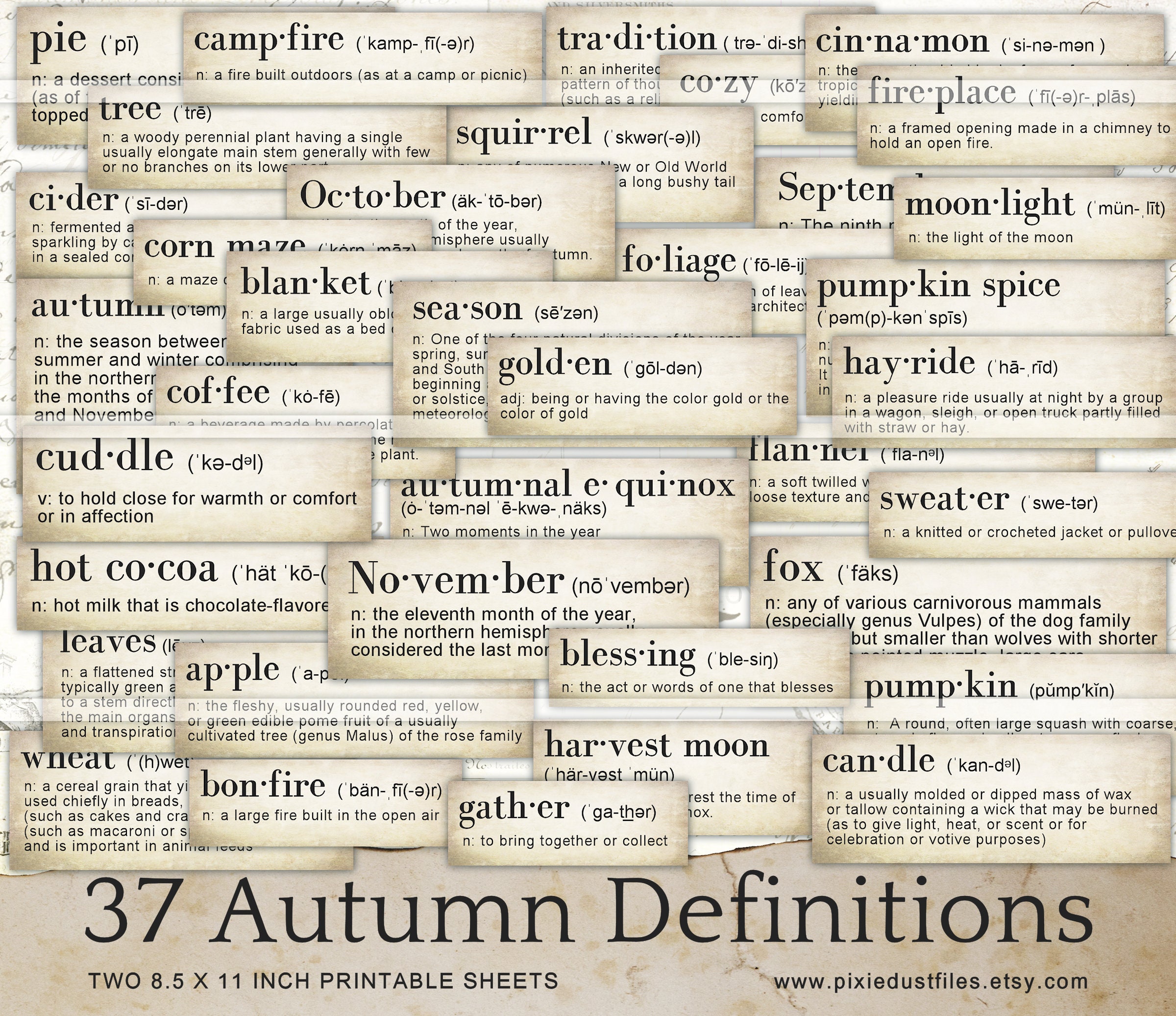 Autumn Dictionary Definitions Ephemera Words Junk Journal - Etsy