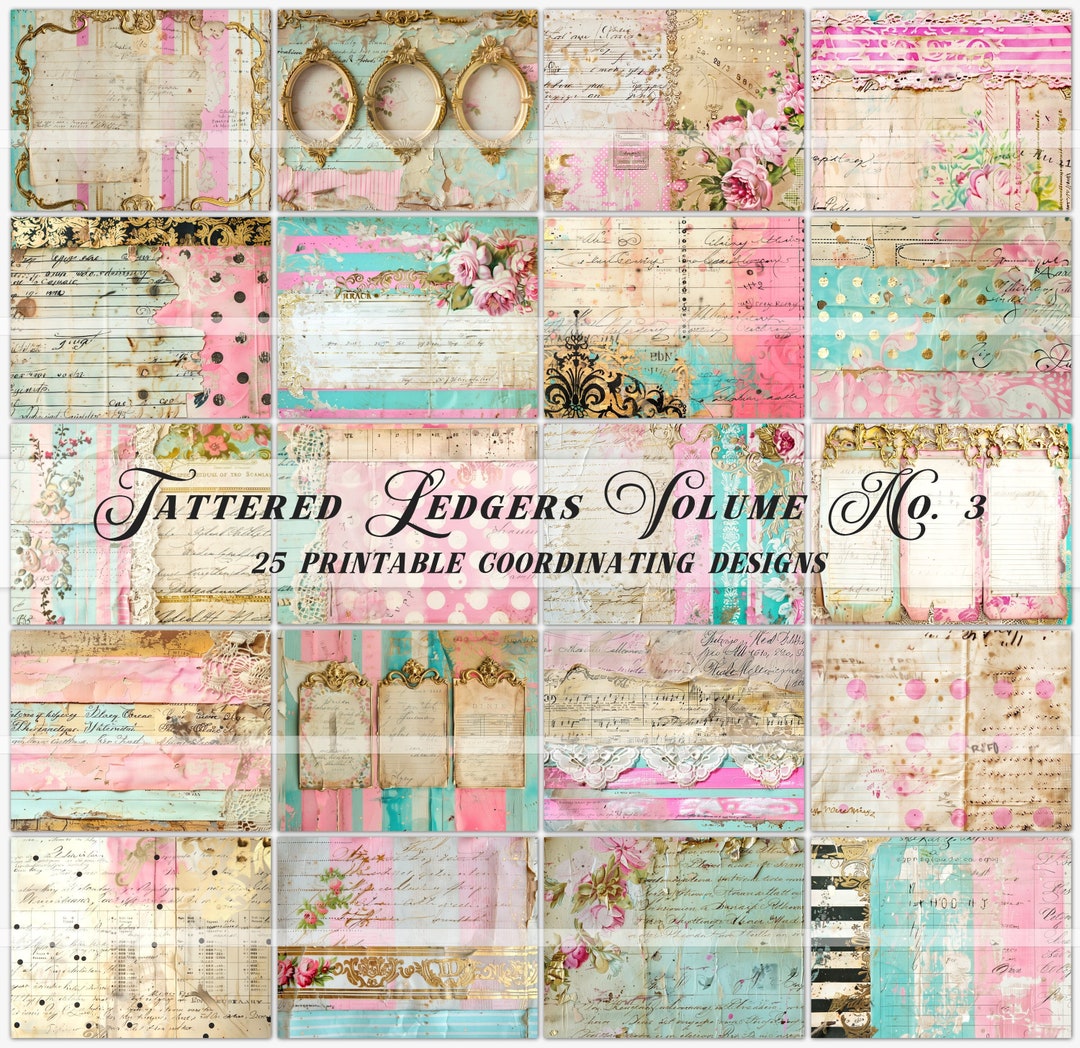 Printable Tattered Antique Ledger Papers, Pink Junk Journal Pages ...