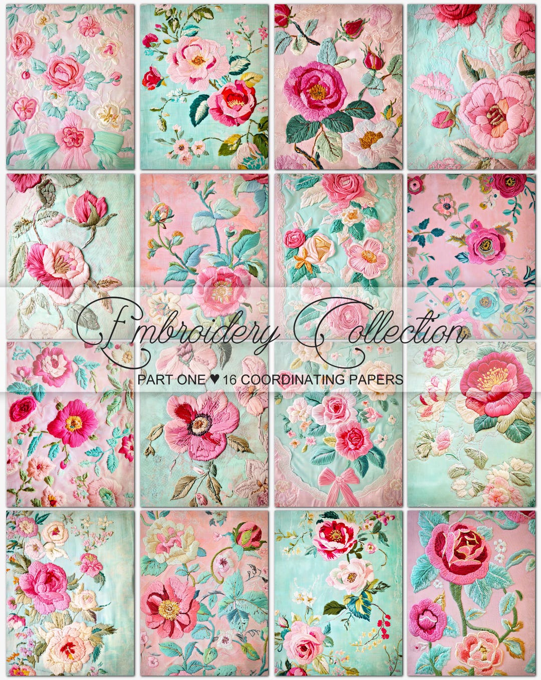 Floral Embroidery, Printable Paper, Embroidered Flowers, Digital Papers ...