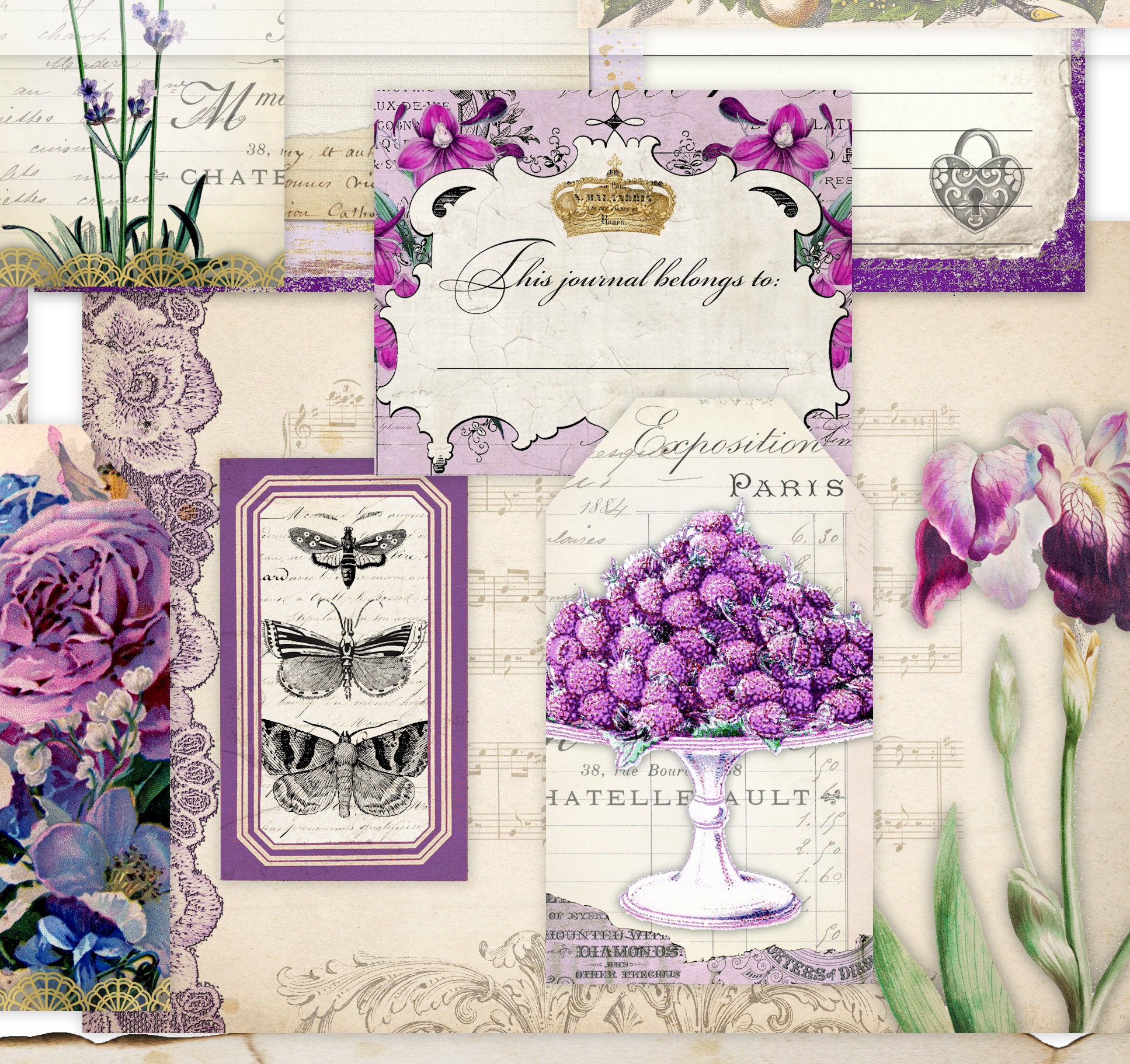 Purple Junk Journal Printable Kit, Botanical Ephemera (digital Download ...
