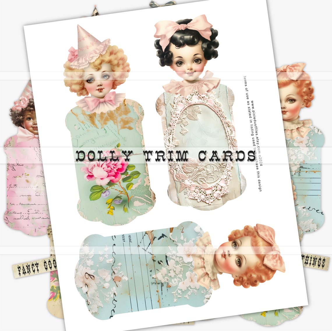 Dolly Trim Cards, Printable Ribbon Spool Card, Vintage Paper Doll, Junk ...