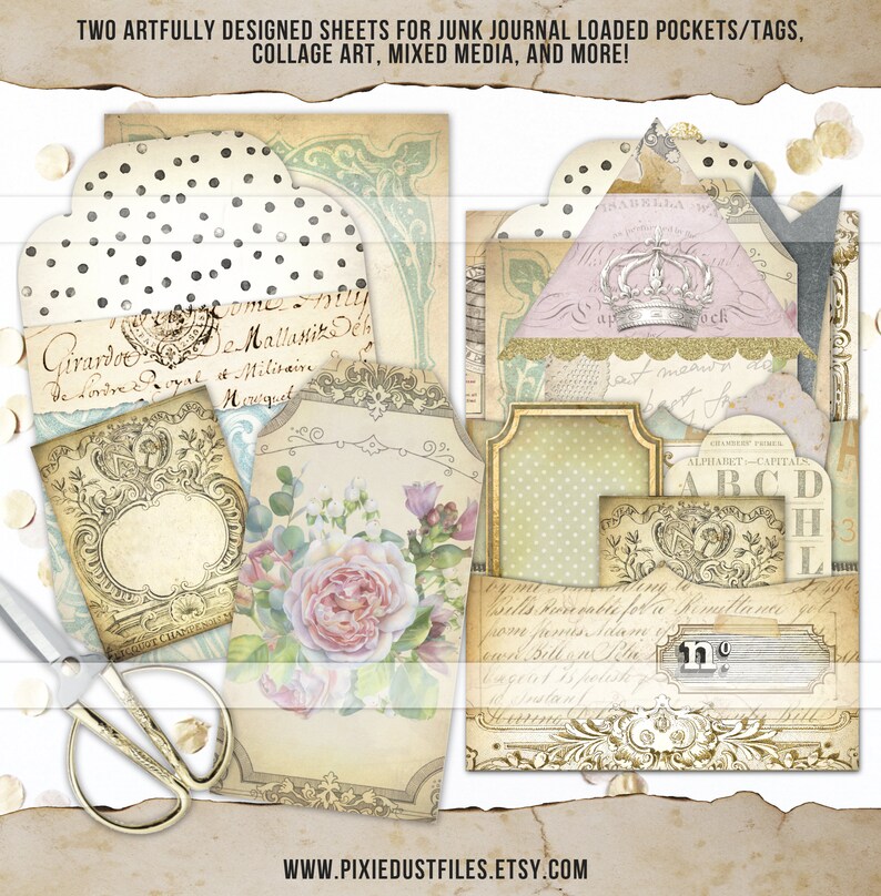 Printable Junk Journal Pockets and Tags, Digital Collage Sheet, Vintage ...