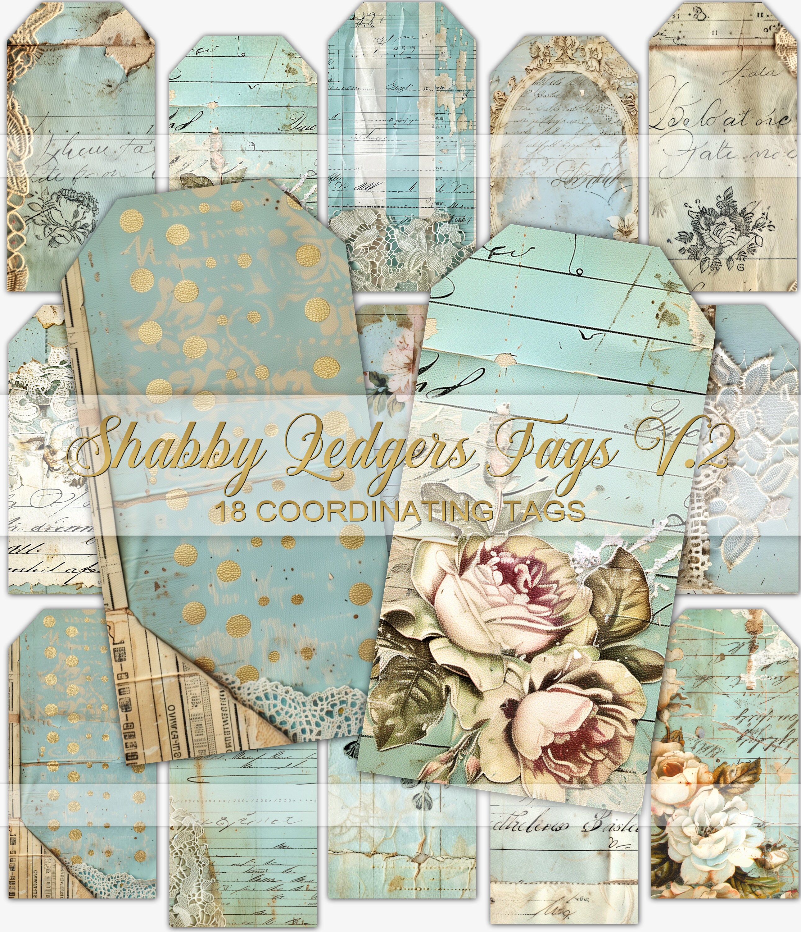 Shabby Ledgers Printable Journal Tags, Blue Junk Journal Ephemera ...
